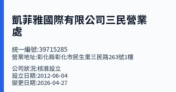 凱菲雅國際有限公司三民營業處的照片-統編 39715285(彰化縣) 公司登記資料與營業項目詳細圖表