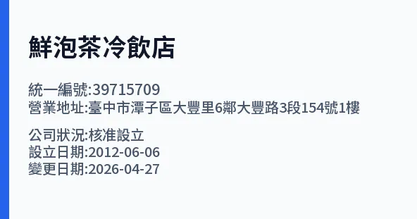 鮮泡茶冷飲店的照片-統編 39715709(臺中市) 公司登記資料與營業項目詳細圖表