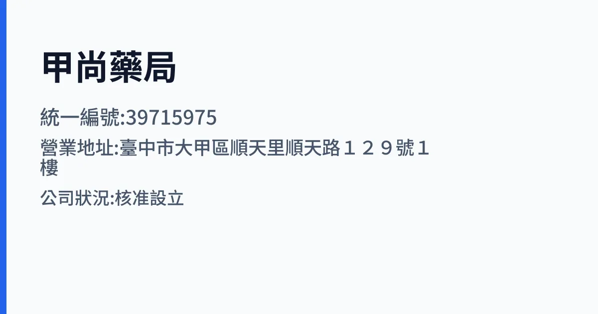 甲尚藥局 - 統編 39715975(臺中市) 公司登記資料與營業項目詳細圖表