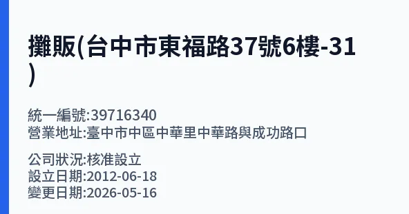 攤販(台中市東福路37號6樓-31)的照片-統編 39716340(臺中市) 公司登記資料與營業項目詳細圖表