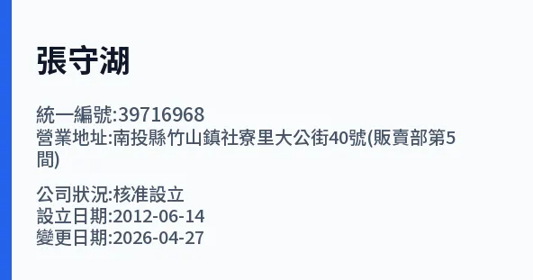 張守湖的照片-統編 39716968(南投縣) 公司登記資料與營業項目詳細圖表