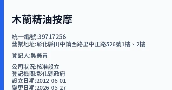 木蘭精油按摩的照片-統編 39717256(彰化縣) 公司登記資料與營業項目詳細圖表