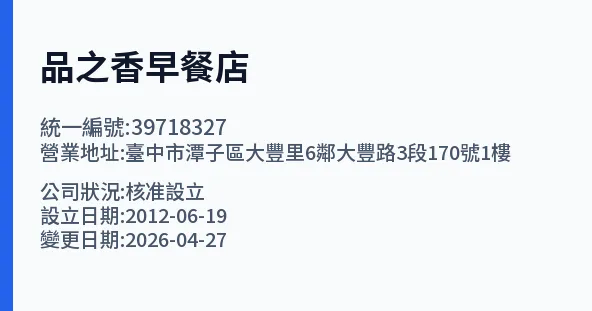 品之香早餐店的照片-統編 39718327(臺中市) 公司登記資料與營業項目詳細圖表