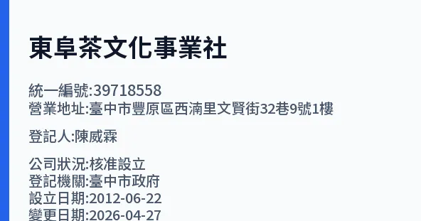 東阜茶文化事業社的照片-統編 39718558(臺中市) 公司登記資料與營業項目詳細圖表