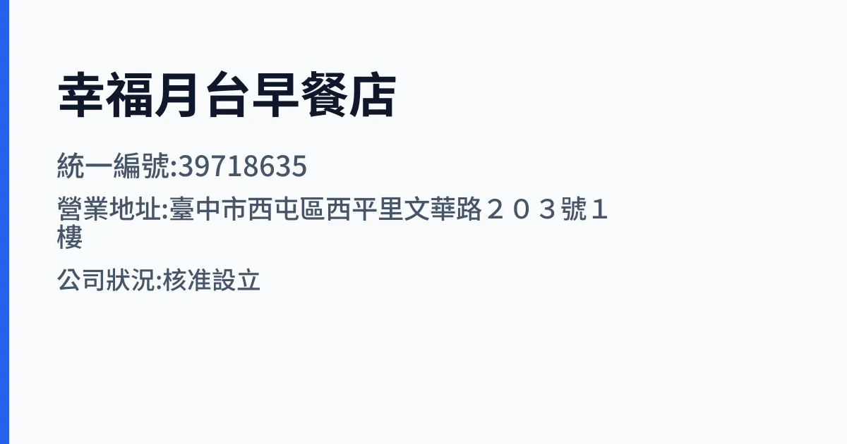 幸福月台早餐店 - 統編 39718635(臺中市) 公司登記資料與營業項目詳細圖表