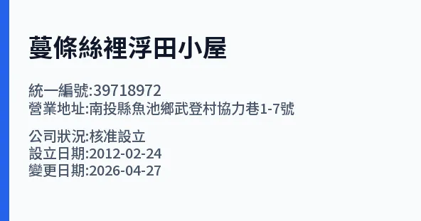 蔓條絲裡浮田小屋的照片-統編 39718972(南投縣) 公司登記資料與營業項目詳細圖表