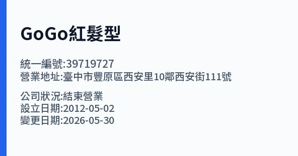 GoGo紅髮型的照片-統編 39719727(臺中市) 公司登記資料與營業項目詳細圖表