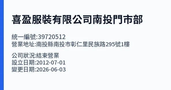喜盈服裝有限公司南投門市部的照片-統編 39720512(南投縣) 公司登記資料與營業項目詳細圖表