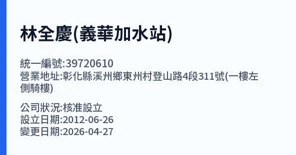 林全慶(義華加水站)的照片-統編 39720610(彰化縣) 公司登記資料與營業項目詳細圖表