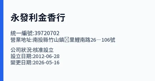 永發利金香行的照片-統編 39720702(南投縣) 公司登記資料與營業項目詳細圖表
