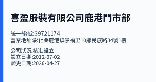 喜盈服裝有限公司鹿港門市部的照片-統編 39721174(彰化縣) 公司登記資料與營業項目詳細圖表