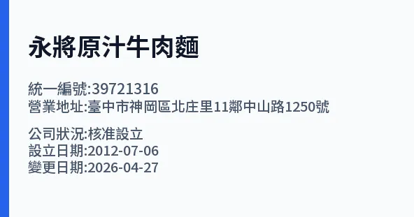 永將原汁牛肉麵的照片-統編 39721316(臺中市) 公司登記資料與營業項目詳細圖表