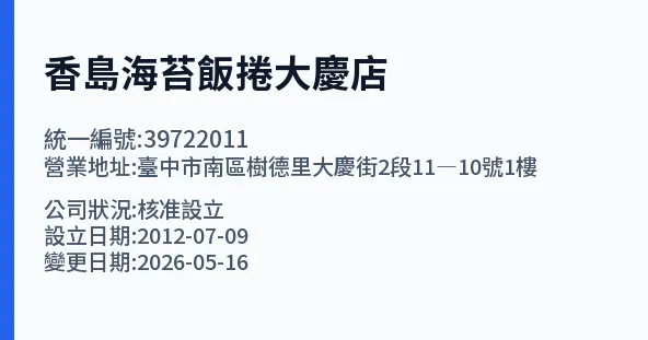 香島海苔飯捲大慶店的照片-統編 39722011(臺中市) 公司登記資料與營業項目詳細圖表