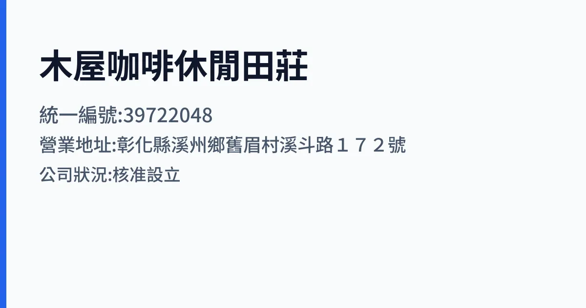 木屋咖啡休閒田莊 - 統編 39722048(彰化縣) 公司登記資料與營業項目詳細圖表