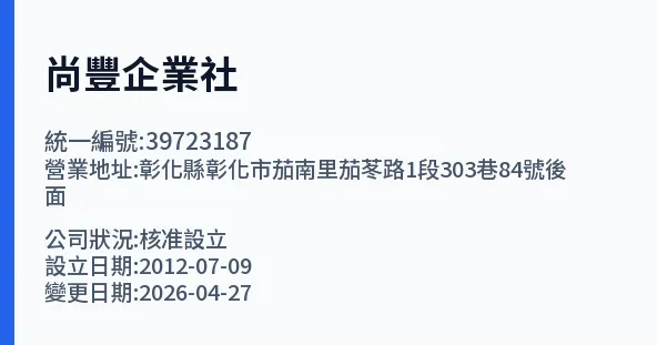 尚豐企業社的照片-統編 39723187(彰化縣) 公司登記資料與營業項目詳細圖表