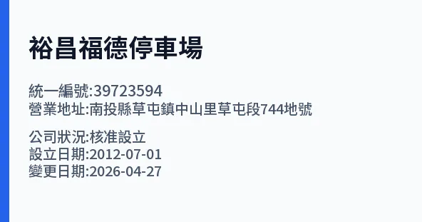 裕昌福德停車場的照片-統編 39723594(南投縣) 公司登記資料與營業項目詳細圖表