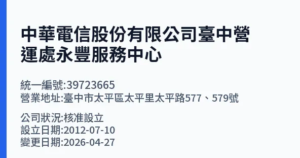 中華電信股份有限公司臺中營運處永豐服務中心的照片-統編 39723665(臺中市) 公司登記資料與營業項目詳細圖表
