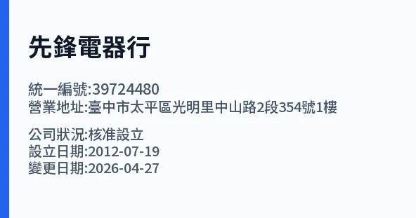 先鋒電器行的照片-統編 39724480(臺中市) 公司登記資料與營業項目詳細圖表