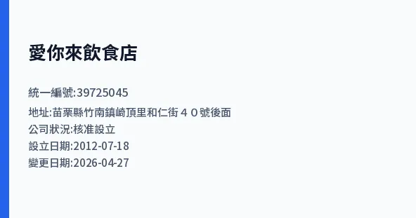 愛你來飲食店的照片-統編 39725045(苗栗縣) 公司登記資料與營業項目詳細圖表