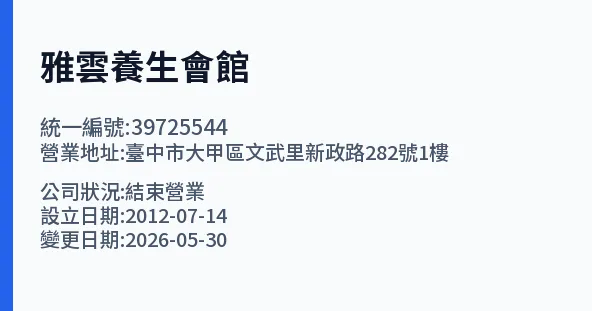 雅雲養生會館的照片-統編 39725544(臺中市) 公司登記資料與營業項目詳細圖表