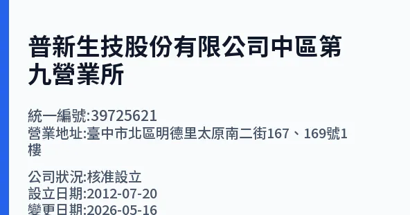 普新生技股份有限公司中區第九營業所的照片-統編 39725621(臺中市) 公司登記資料與營業項目詳細圖表