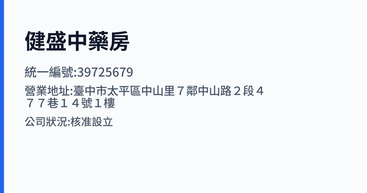 健盛中藥房 - 統編 39725679(臺中市) 公司登記資料與營業項目詳細圖表