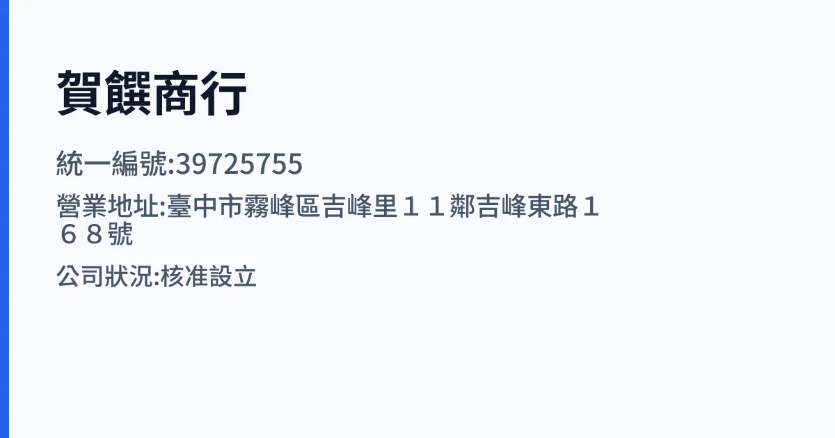 賀饌商行 - 統編 39725755(臺中市) 公司登記資料與營業項目詳細圖表