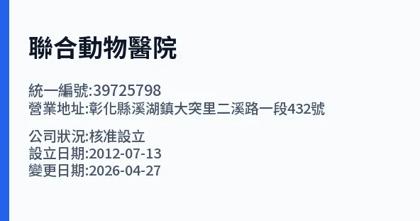 聯合動物醫院的照片-統編 39725798(彰化縣) 公司登記資料與營業項目詳細圖表