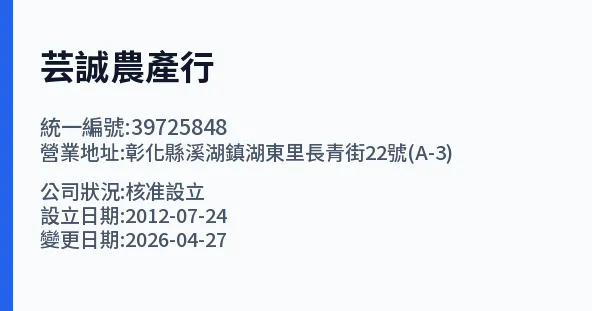 芸誠農產行的照片-統編 39725848(彰化縣) 公司登記資料與營業項目詳細圖表