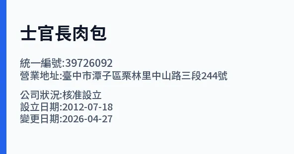 士官長肉包的照片-統編 39726092(臺中市) 公司登記資料與營業項目詳細圖表