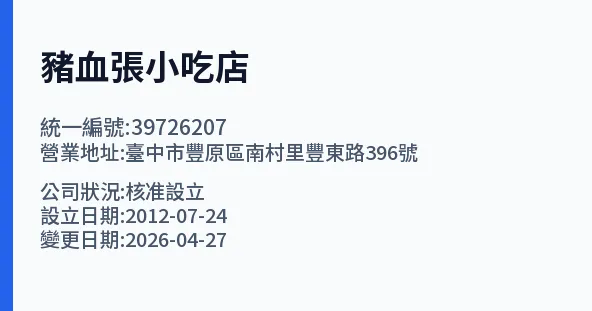 豬血張小吃店的照片-統編 39726207(臺中市) 公司登記資料與營業項目詳細圖表
