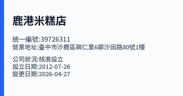 鹿港米糕店的照片-統編 39726311(臺中市) 公司登記資料與營業項目詳細圖表