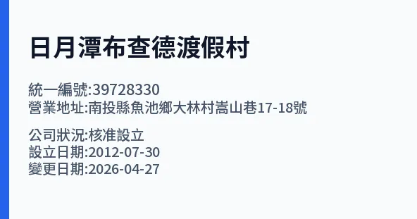 日月潭布查德渡假村的照片-統編 39728330(南投縣) 公司登記資料與營業項目詳細圖表