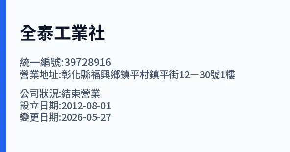 全泰工業社的照片-統編 39728916(彰化縣) 公司登記資料與營業項目詳細圖表
