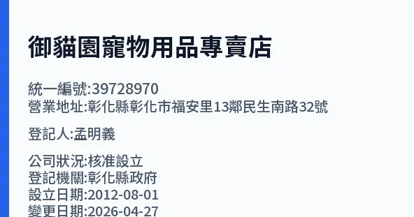 御貓園寵物用品專賣店的照片-統編 39728970(彰化縣) 公司登記資料與營業項目詳細圖表