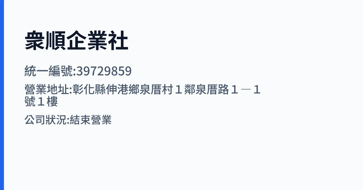衆順企業社 - 統編 39729859(彰化縣) 公司登記資料與營業項目詳細圖表