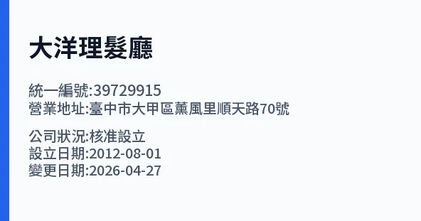 大洋理髮廳的照片-統編 39729915(臺中市) 公司登記資料與營業項目詳細圖表
