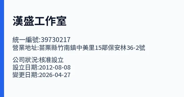 漢盛工作室的照片-統編 39730217(苗栗縣) 公司登記資料與營業項目詳細圖表