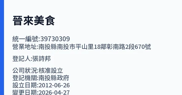 晉來美食的照片-統編 39730309(南投縣) 公司登記資料與營業項目詳細圖表