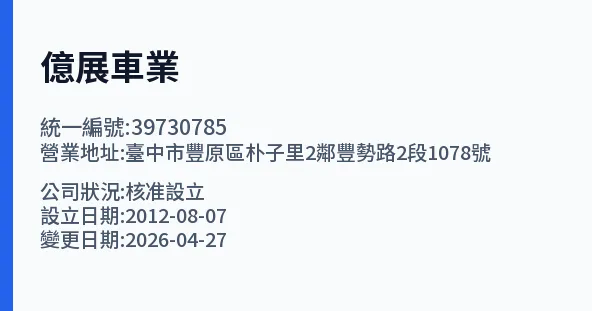 億展車業的照片-統編 39730785(臺中市) 公司登記資料與營業項目詳細圖表