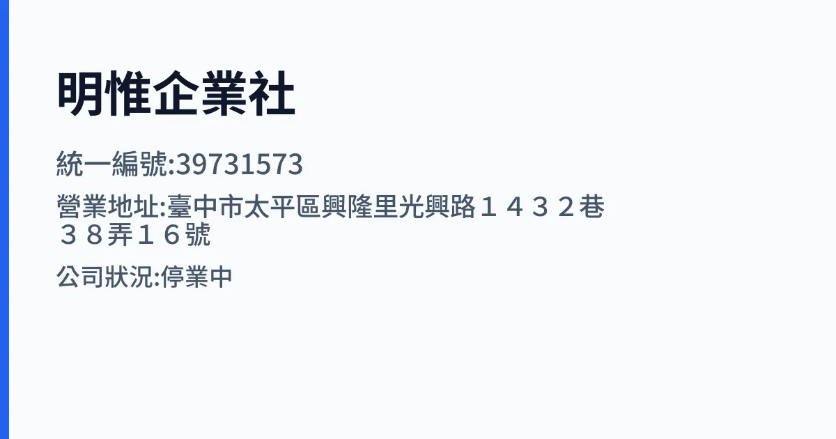 明惟企業社 - 統編 39731573(臺中市) 公司登記資料與營業項目詳細圖表