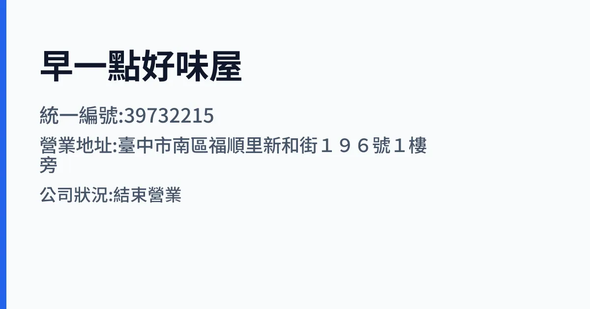 早一點好味屋 - 統編 39732215(臺中市) 公司登記資料與營業項目詳細圖表