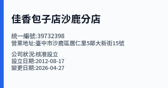佳香包子店沙鹿分店的照片-統編 39732398(臺中市) 公司登記資料與營業項目詳細圖表