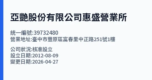 亞艷股份有限公司惠盛營業所的照片-統編 39732480(臺中市) 公司登記資料與營業項目詳細圖表