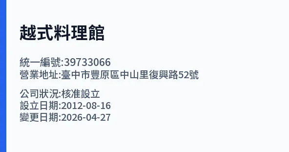 越式料理館的照片-統編 39733066(臺中市) 公司登記資料與營業項目詳細圖表