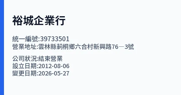 裕城企業行的照片-統編 39733501(雲林縣) 公司登記資料與營業項目詳細圖表