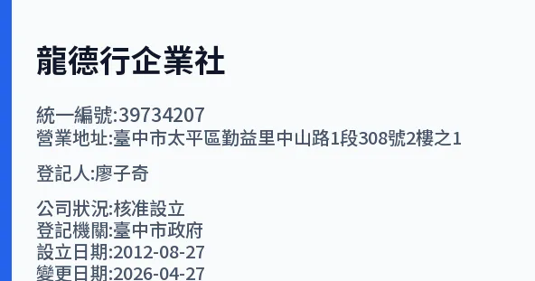 龍德行企業社的照片-統編 39734207(臺中市) 公司登記資料與營業項目詳細圖表