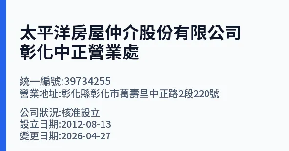 太平洋房屋仲介股份有限公司彰化中正營業處的照片-統編 39734255(彰化縣) 公司登記資料與營業項目詳細圖表