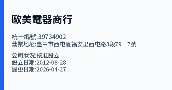 歐美電器商行的照片-統編 39734902(臺中市) 公司登記資料與營業項目詳細圖表