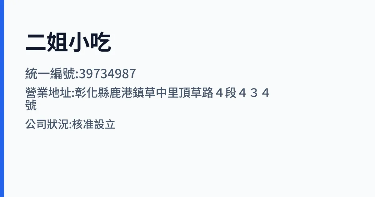 二姐小吃 - 統編 39734987(彰化縣) 公司登記資料與營業項目詳細圖表